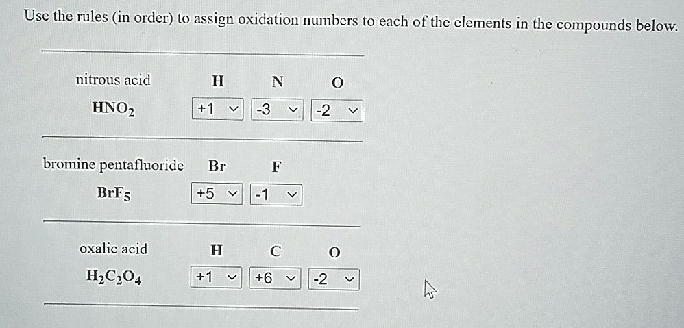 SOLVED: Use the rules (in order) to assign oxidation numbers to each of the elements in the ...