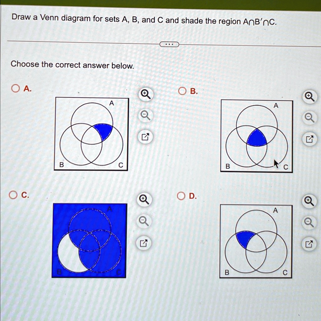 Draw a Venn diagram for sets A, B, and C and shade the region A∩B'∩C. Choose the correct answer ...