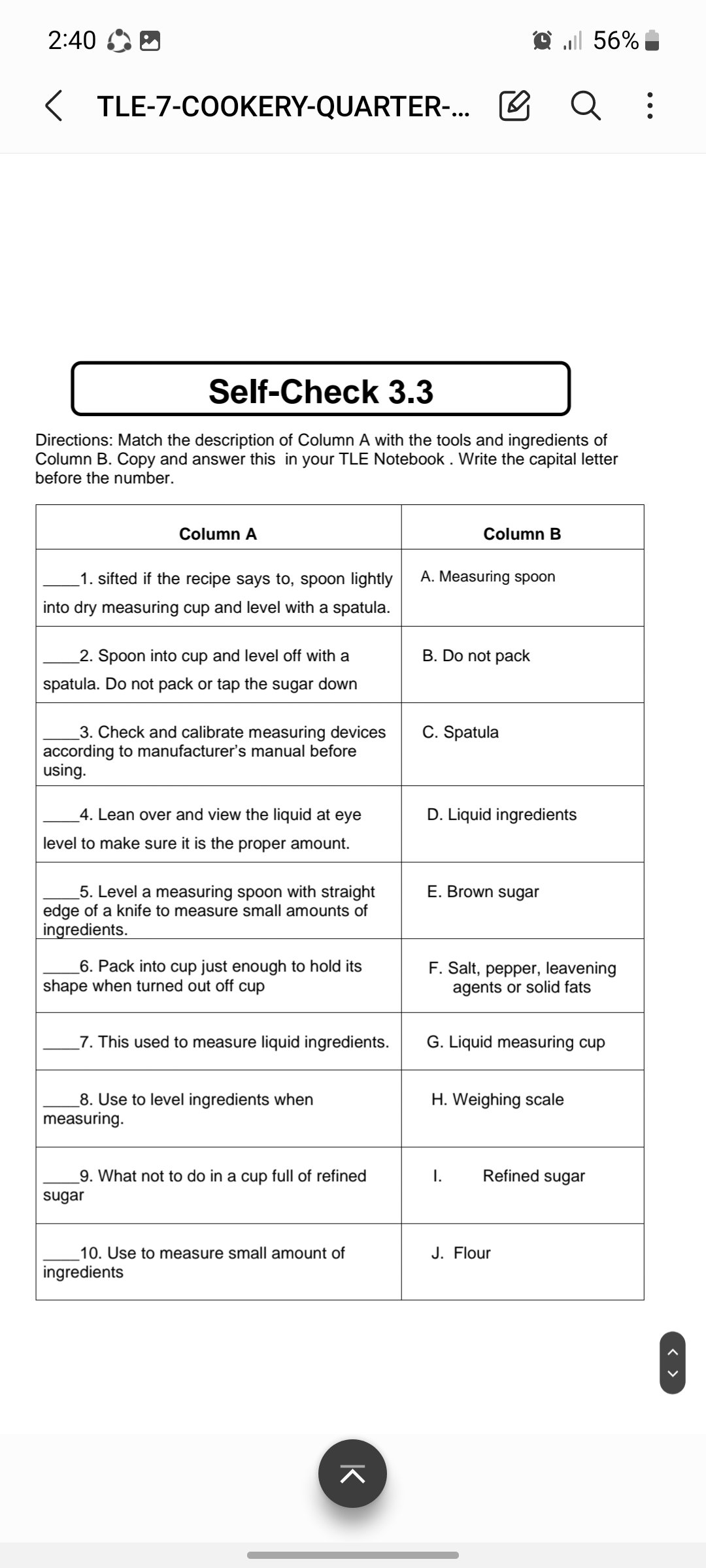 SOLVED: 2:40 ? a 56 % TLE-7-COOKERY-QUARTER-... Self-Check 3.3 ...