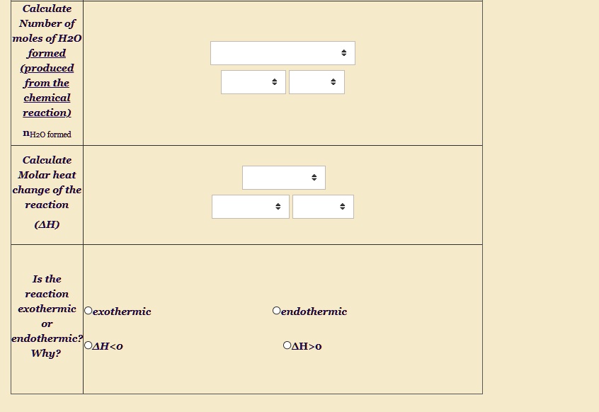calculate number of moles of h20 fored produced from the chemical ...