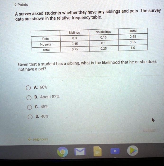 SOLVED: 2 Points A survey asked students whether they have any siblings ...
