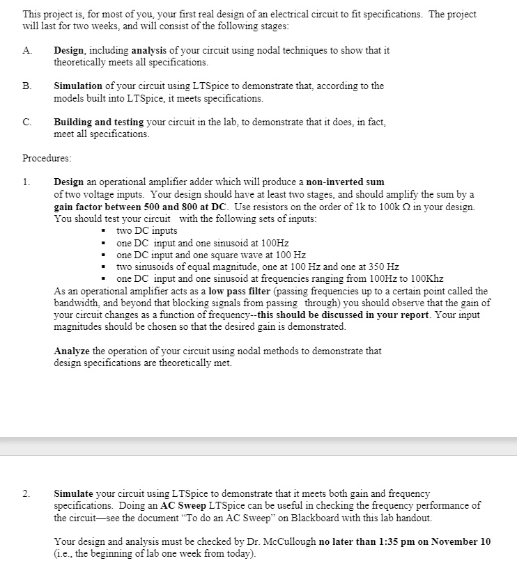 SOLVED: Design circuits in LTspice that fulfill the requirements shown in the picture. This ...