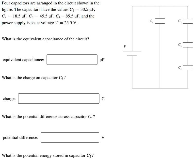 Four capacitors are arranged in the circuit shown in the figure. The capacitors have the values ...