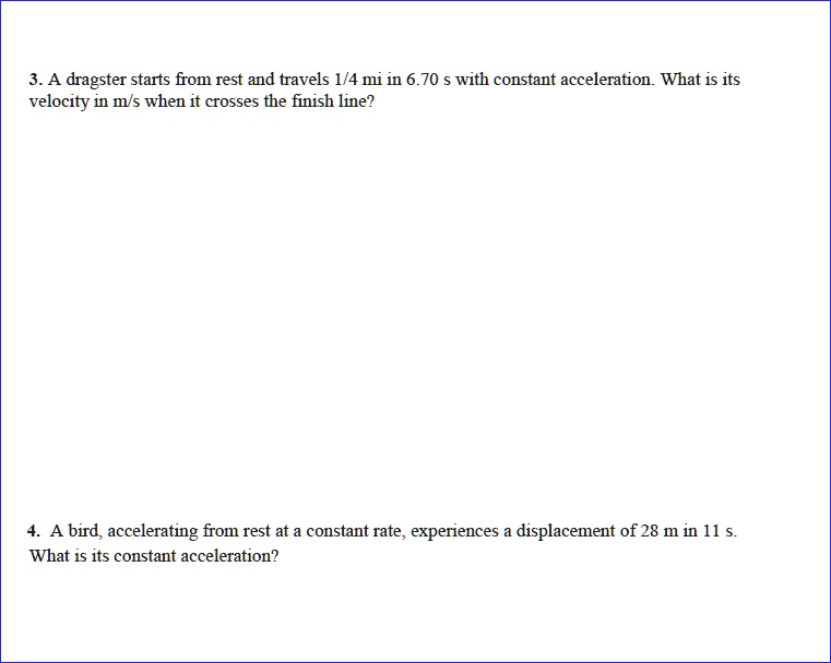 A dragster starts from rest and travels 1/4 mi in 6.70 seconds with constant acceleration. What ...
