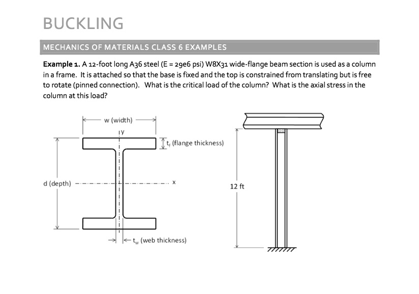 SOLVED: BUCKLING MECHANICS OF MATERIALS CLASS 6 EXAMPLES Example 1: A 12-foot long A36 steel (E ...