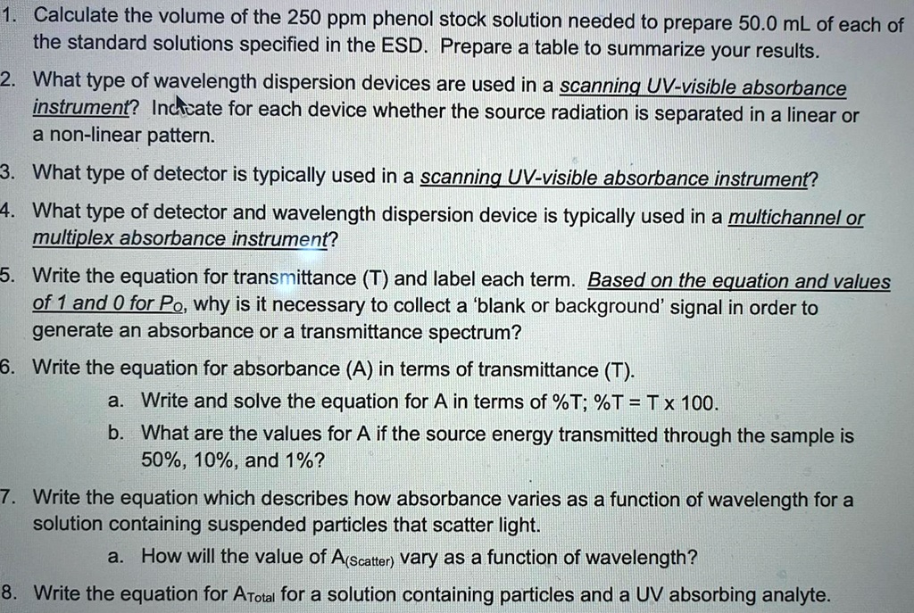 SOLVED: Calculate the volume of the 250 ppm phenol stock solution ...