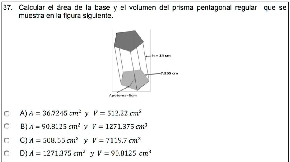 SOLVED: Calcular el área de la base y el volumen del prisma pentagonal ...