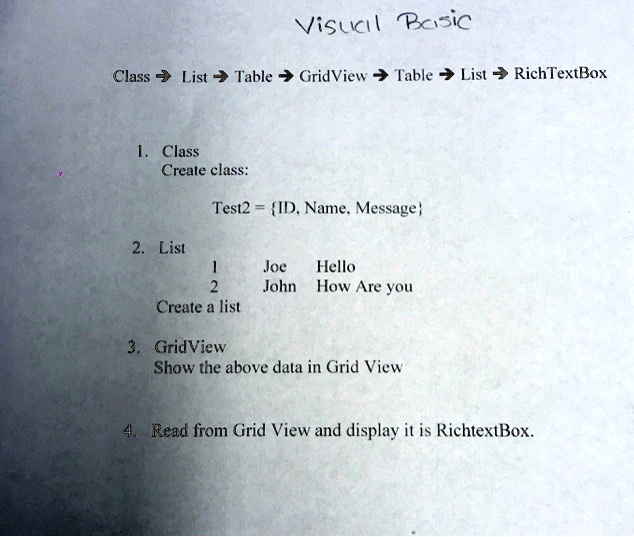Visual Basic Class →list →table →gridview →table →list →richtextbox 1 Class Create Class Test2 4290