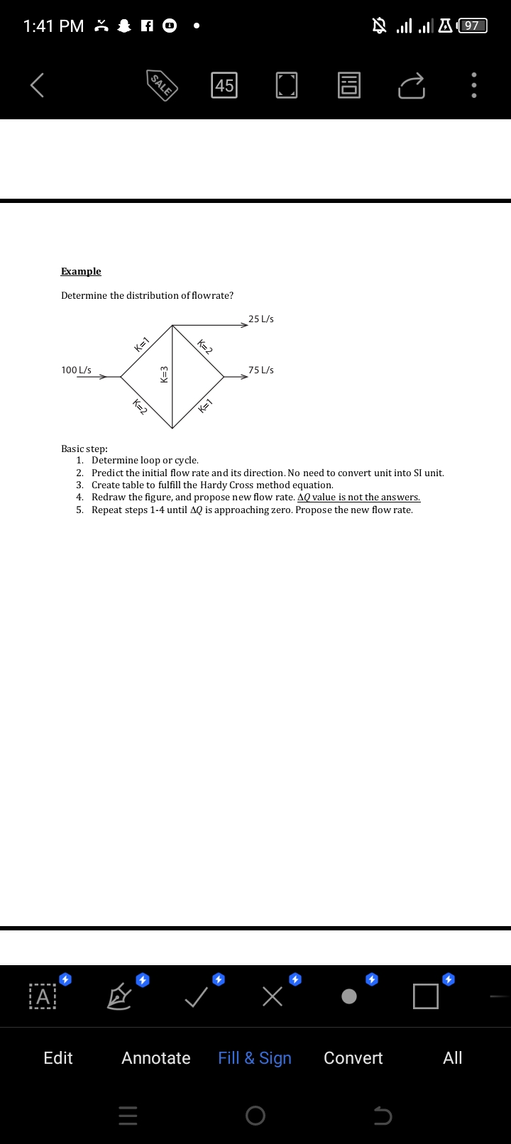 1: 41 PM ? f 0 ? Δ .11. Il Δ, 97 45 Example Determine the distribution of flowrate? Basic step ...