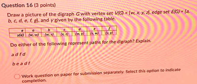 SOLVED: Question 16 (3 points) Draw a picture of the digraph Gwith vertex set V(G (wx Y,2, edge ...