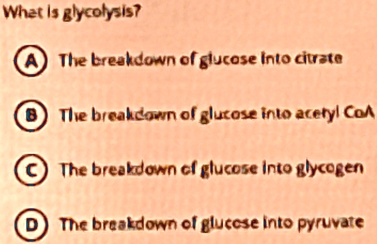 what is glycolysis a the breakdown of glucose into citrate b the ...