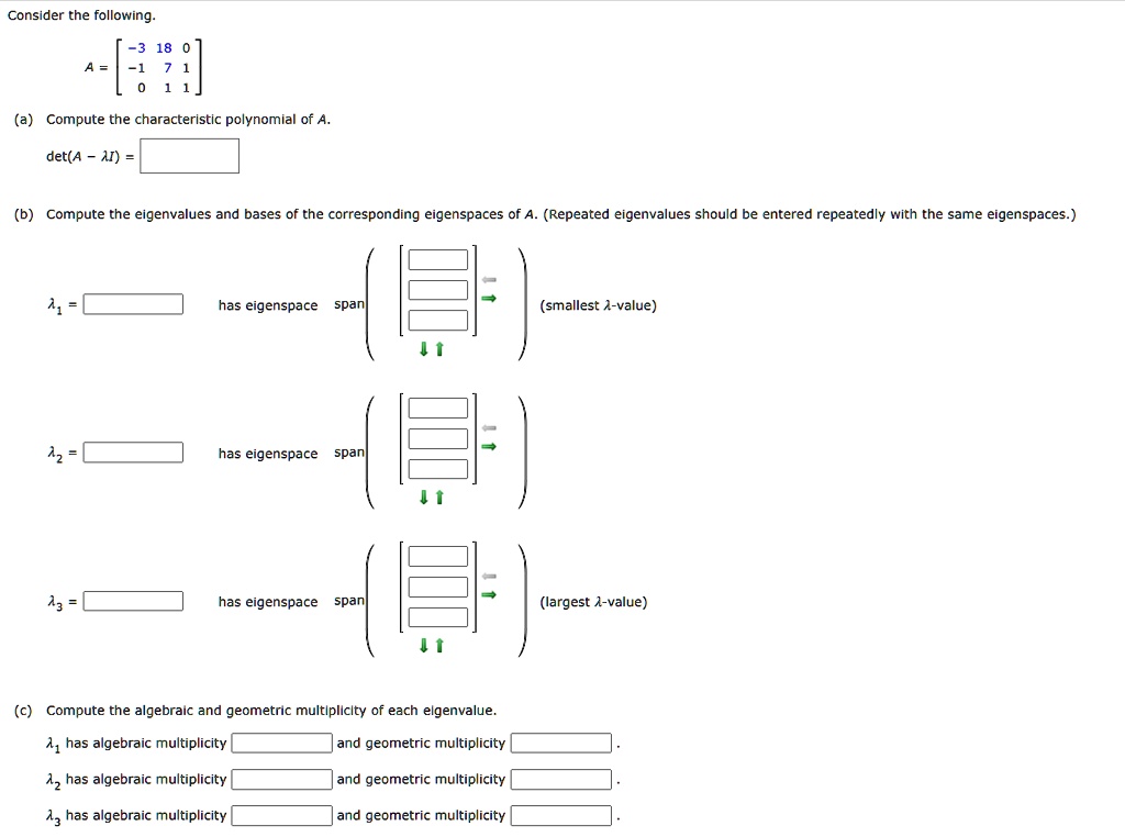 SOLVED: Consider the following: A = -3 18 0 -1 7 1 0 1 1 (a) Compute ...