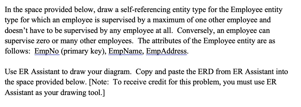 SOLVED: In the space provided below, draw a self-referencing entity ... SOLVED: In the space provided below, draw a self-referencing entity ...