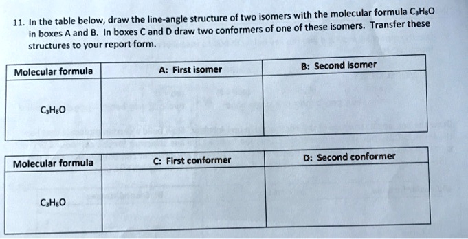 11. In the table below, draw the line-angle structure of two isomers ...