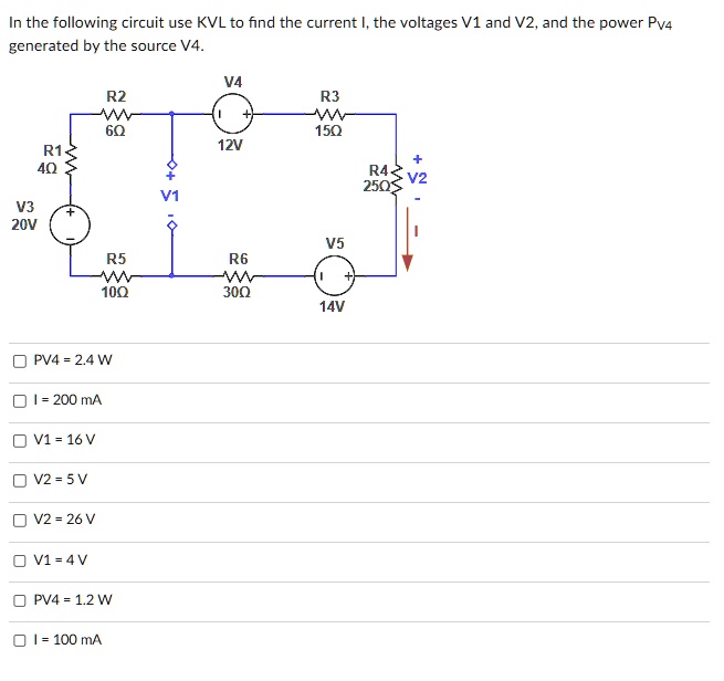 In the following circuit use KVL to find the current I, the voltages V1 and V2, and the power ...