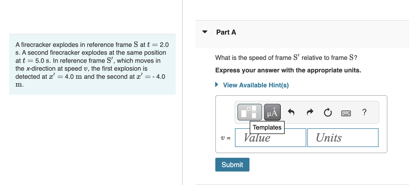 A firecracker explodes in reference frame S at t=2.0 s. A second firecracker explodes at the ...
