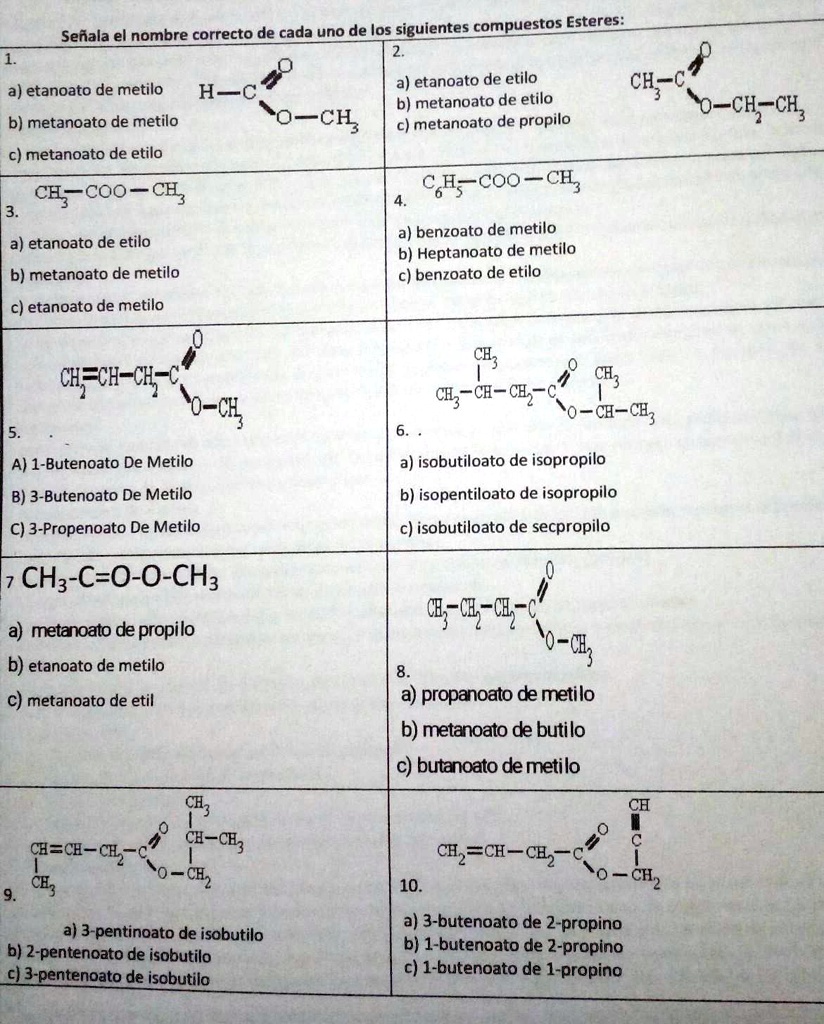 senala el nombre correcto de cada uno de los compuestos esteres porfa ...