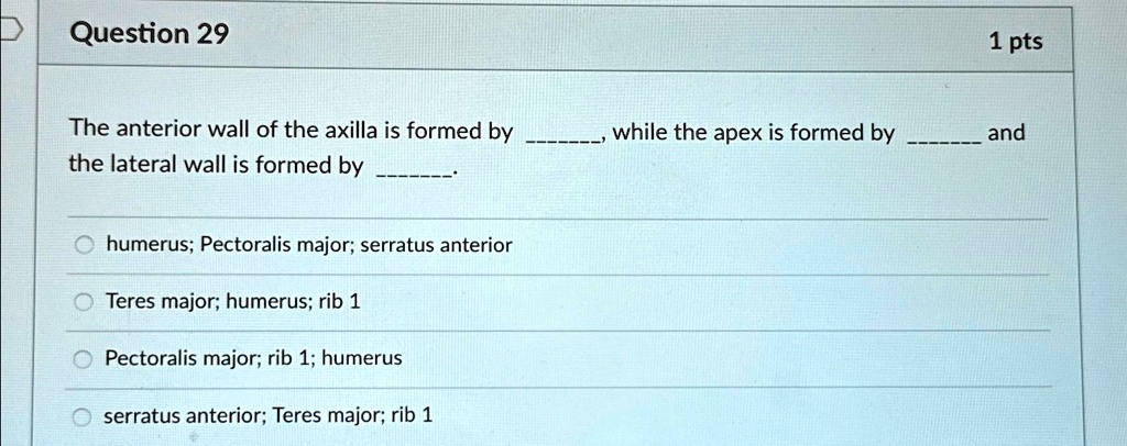 Question 29 1 pts The anterior wall of the axilla is formed by while ...