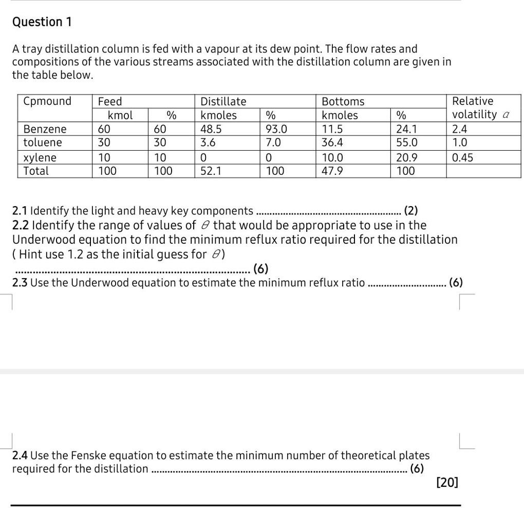 Question 1 A tray distillation column is fed with a vapour at its dew ...