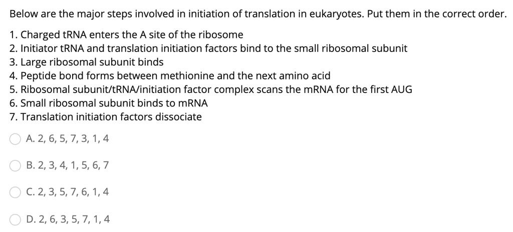 SOLVED: Below are the major steps involved in initiation of translation ...