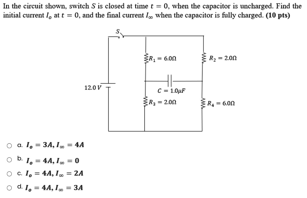 SOLVED: In the circuit shown, switch S is closed at time t0, when the capacitor is uncharged ...