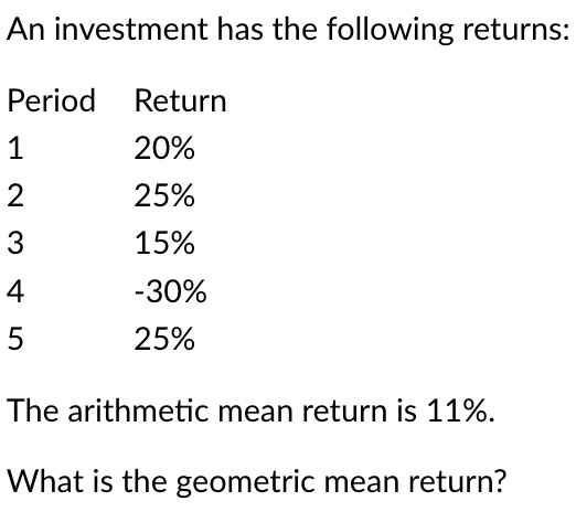 SOLVED: An investment has the following returns: Period Return 1 20% 2 ...