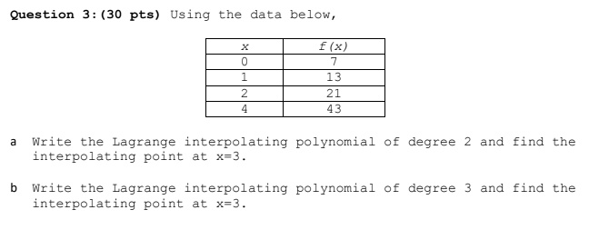 Solvedquestion 3 30 Pts Using The Data Below X Write The Lagrange Interpolating Pol