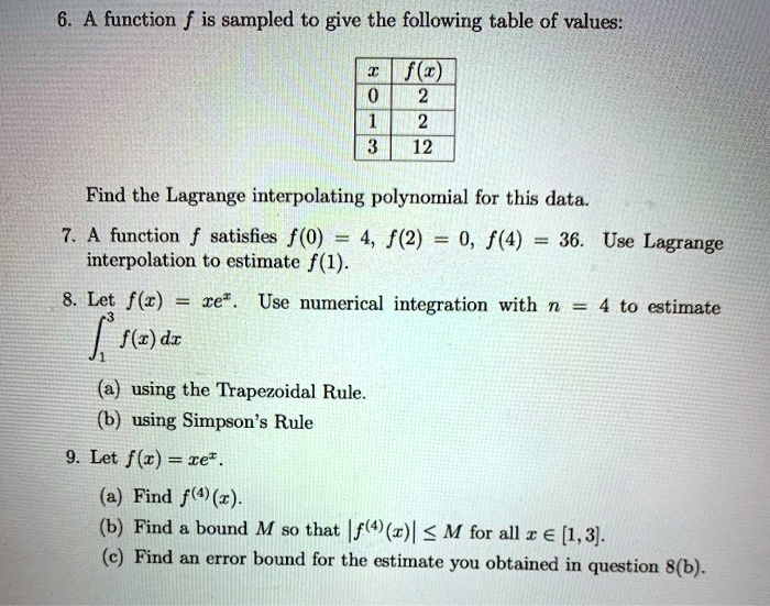 SOLVED: A function f is sampled to give the following table of values: 12 Find the Lagrange ...