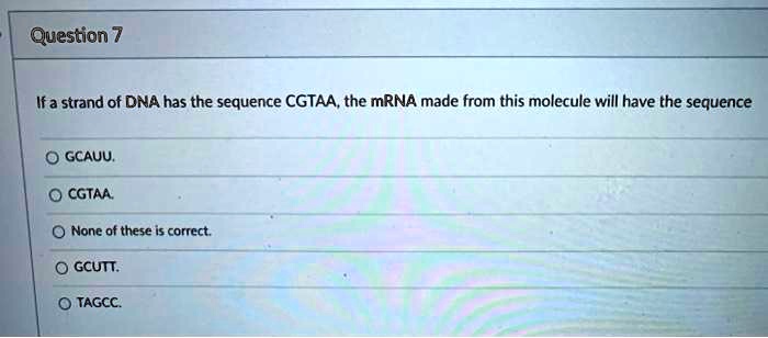 SOLVED:Question 7 Ifa strand of DNA has the sequence CGTAA, the mRNA ...