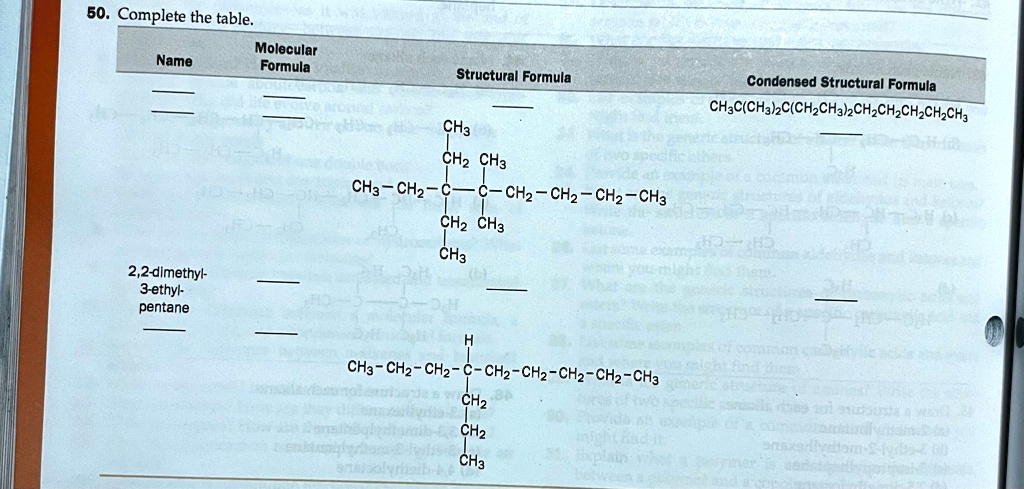 SOLVED: 50. Complete the table Molecular Name Formula Structural Formula Condensed Structural ...