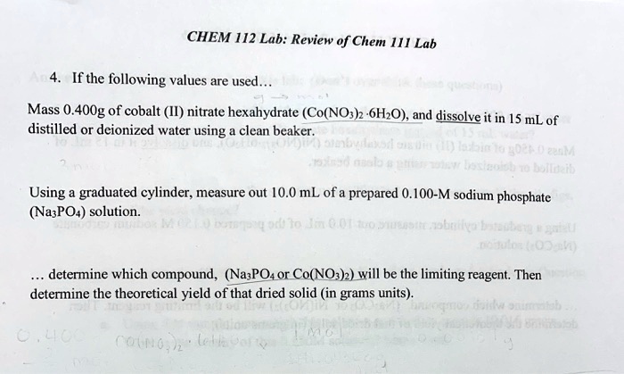 CHEM 112 Lab: Review of Chem 111 Lab 4. If the following values are ...
