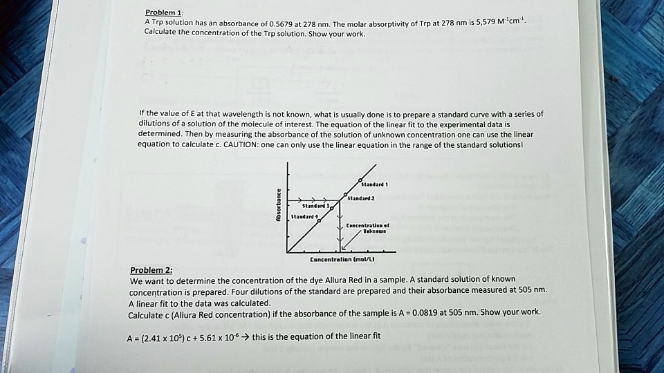 SOLVED: Problem1: A Trp solution hasan absorbance of 5679at 278 nm The ...