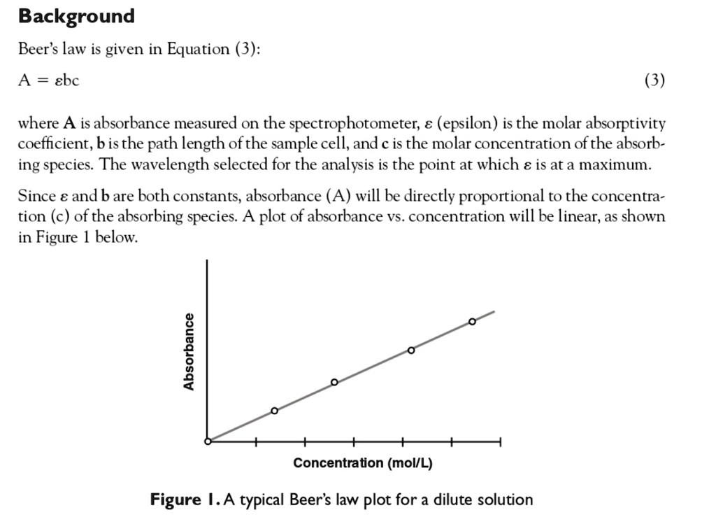 SOLVED: Background Beer's law is given in Equation (3): A = Îµbc, where ...