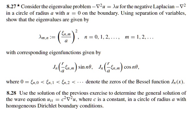 SOLVED:8.27 * Consider the eigenvalue problem _ V2u = Au for the negative Laplacian _ V2 in a ...