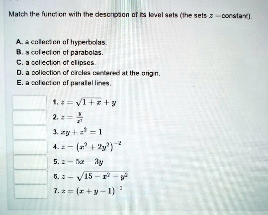 SOLVED: Match the function with the description of its level sets (the ... SOLVED: Match the function with the description of its level sets (the ...