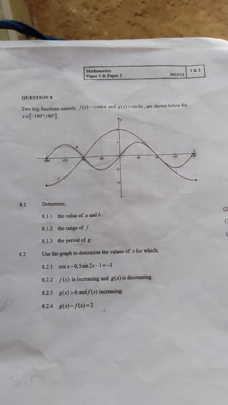 SOLVED: Mathematics Paper 1 & Paper 2 2023/12 1 & 2 QUESTION 8 Two trig functions namely, f(x)=a ...