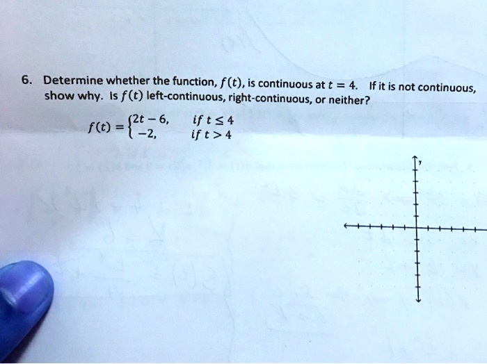SOLVED: Determine whether the function, f (t) , is continuous att = 4 If it is not continuous ...