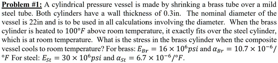 SOLVED: A cylindrical pressure vessel is made by shrinking a brass tube ...