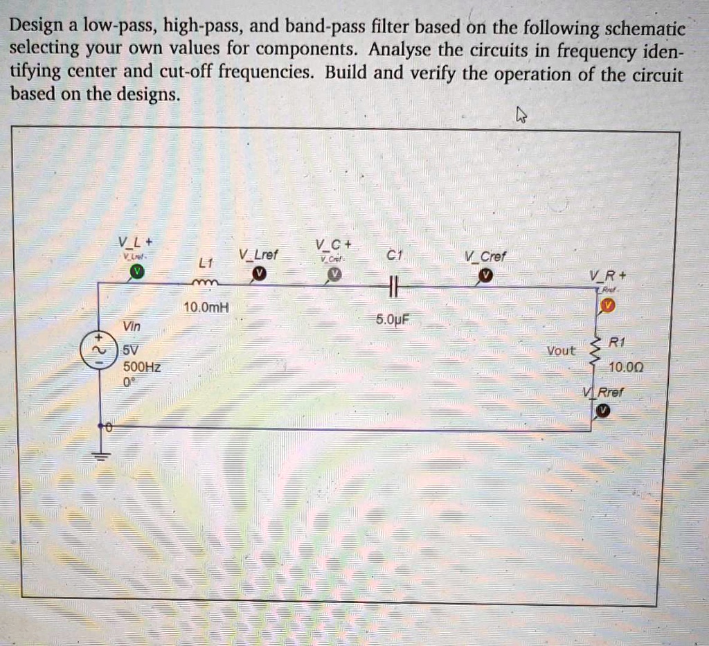 SOLVED: Design a low-pass, high-pass, and band-pass filter based on the ...