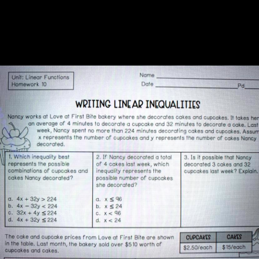 SOLVED: WRITING LINEAR INEQUALITIES Nancy works at Love at First Bite ...