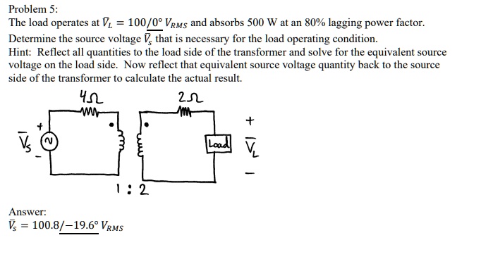 Problem 5: The load operates at V̅L = 100∠ 0^∘ VRMS and absorbs 500 W ...