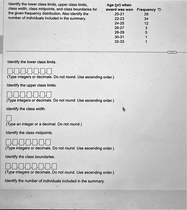 SOLVED: Identify the lower class limits, upper class limits, class ...