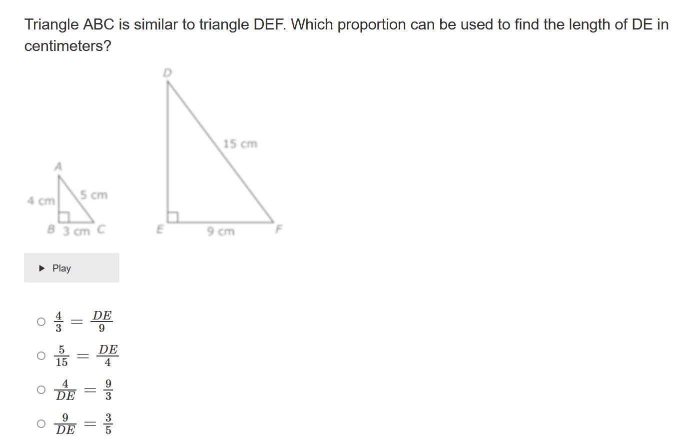 SOLVED: Triangle A B C is similar to triangle DEF. Which proportion can be used to find the ...