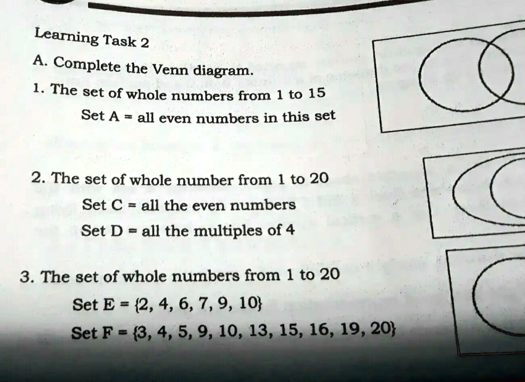 learning task 2 a complete the venn diagram 1 the set of whole numbers ...