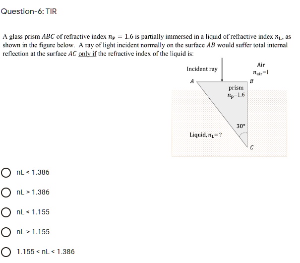 SOLVED: Question-6: TIR A glass prism ABC of refractive index np 1.6 is partially immersed in a ...