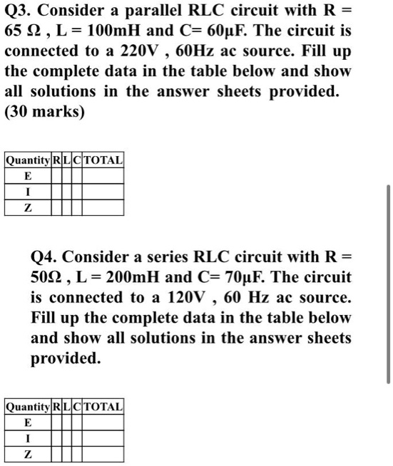 Q3. Consider a parallel RLC circuit with R = 65 ?, L = 100mH and C ...