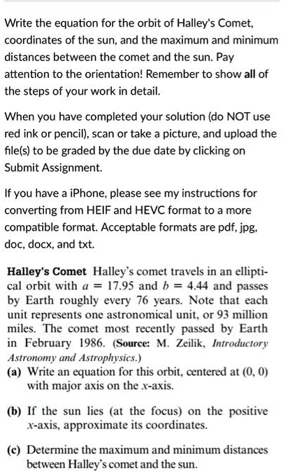 Write the equation for the orbit of Halley's Comet, coordinates of the ...