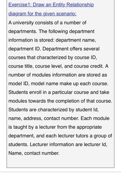 SOLVED: Exercise 1:Draw an Entity Relationship diagram for the given scenario: A university ...