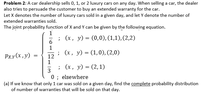 SOLVED: Problem 2: car dealership sells 0, 1,or 2 luxury cars on any ...