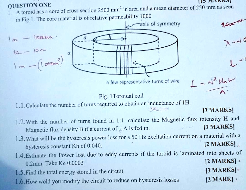 A toroid has a core of cross section 2500 mmÂ² in area and a mean ...